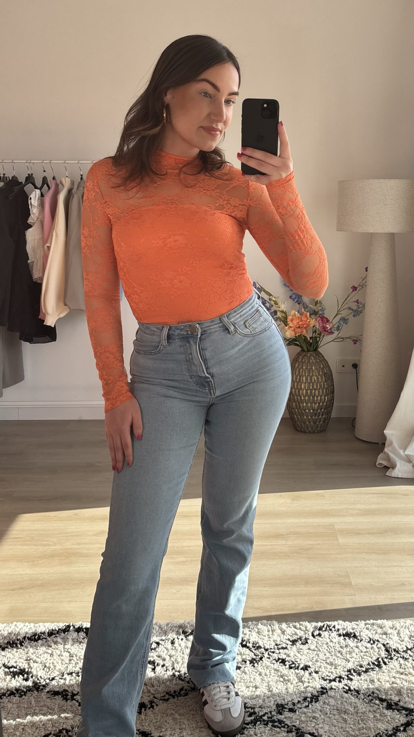 Kanten body met lange mouwen - Oranje